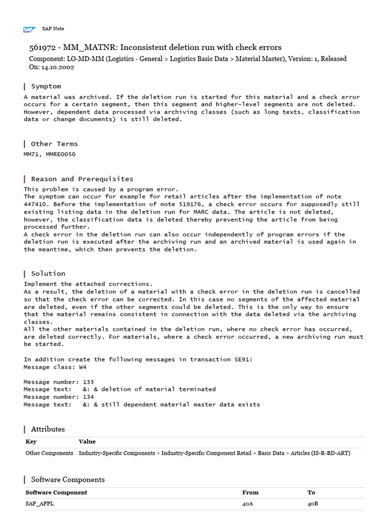 OSS 561972 - MM - MATNR Inconsistent Deletion Run With Check Errors | PDF | Computing ...