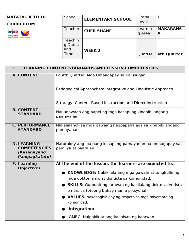 Makabansa Cot Lesson Exemplar Week2 | PDF | Learning | Curriculum