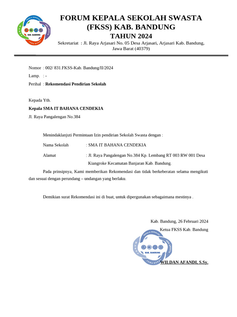 Surat Rekomendasi Pendirian Sekolah FKSS | PDF