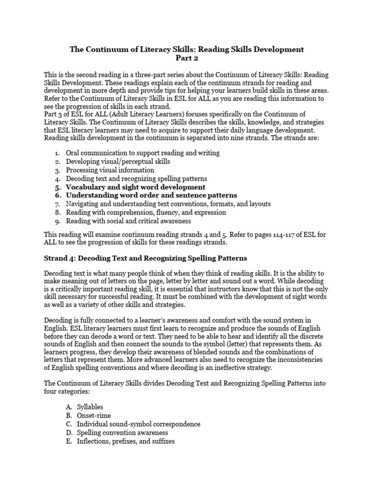 M3.6 The Continuum of Literacy Skills Reading Skills Development Part 2 | PDF | Syllable ...