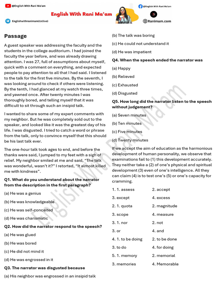 PDF 24 Cloze Test Passage PQRS Sentence Imprvement 8ImTg | PDF