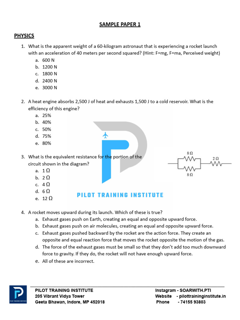 Pilot Entrance Exam Sample Paper | PDF | Force | Atoms