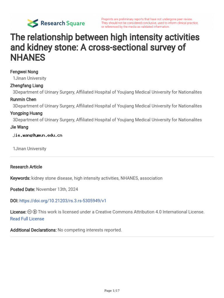 High-Intensity Activity and Kidney Stones | PDF | Medical Specialties