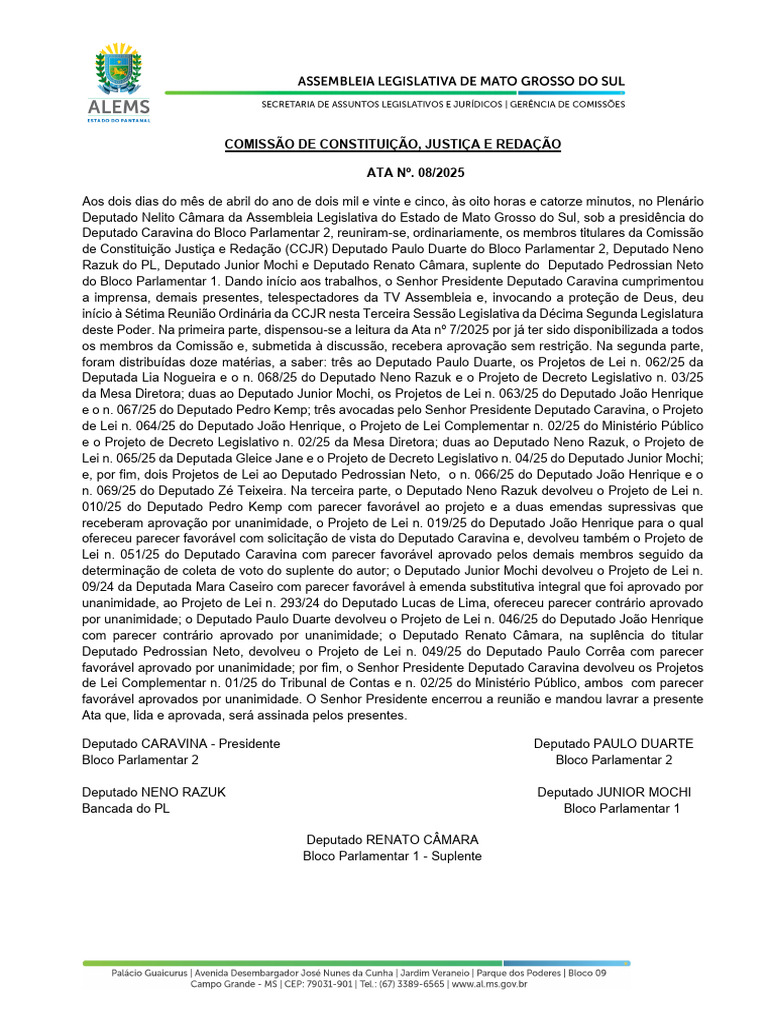 Ata CCJR #8 - Ano 2025 | PDF | Legislador | Governo