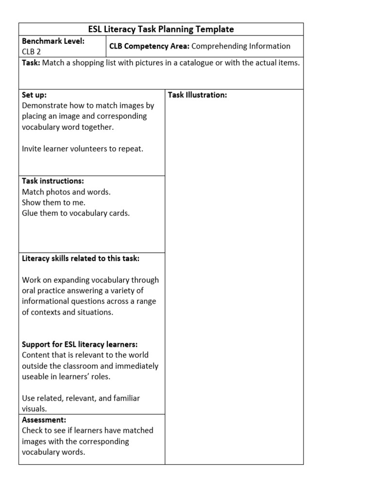 ESL Literacy Task Planning Template | PDF