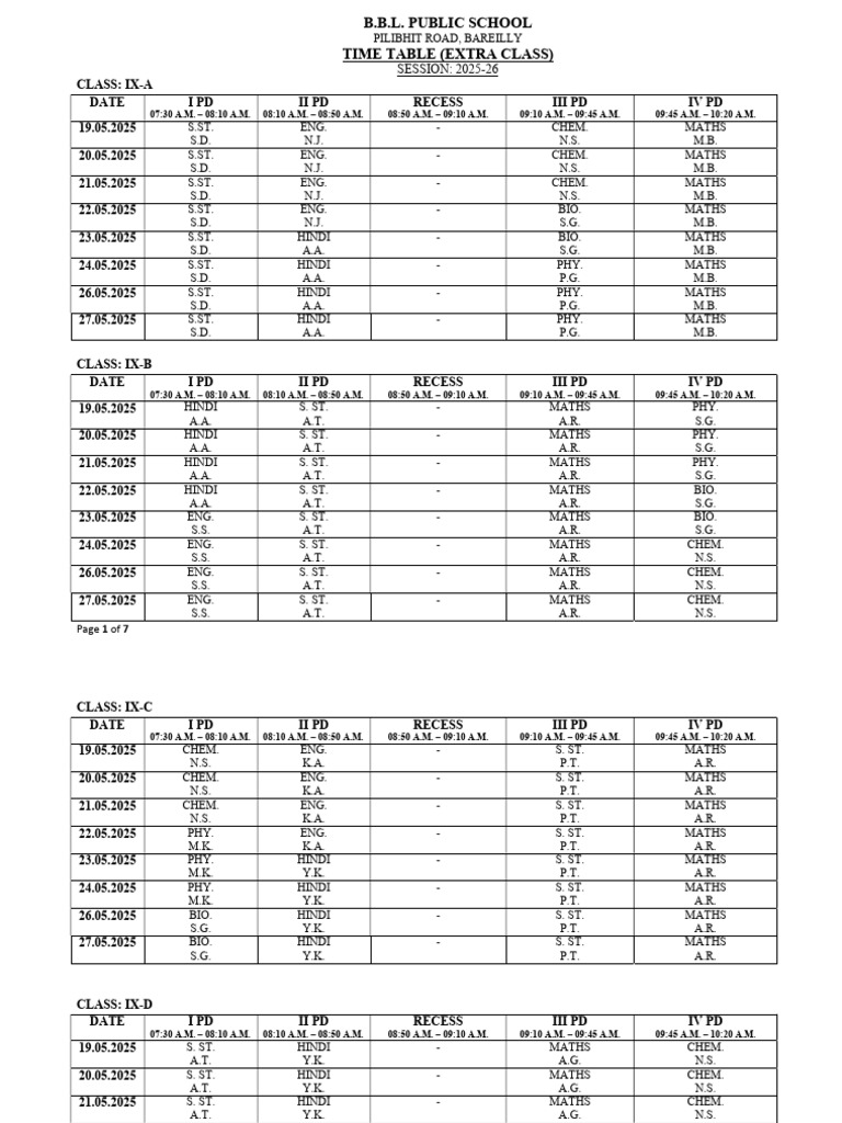 Time Table Extra Class | PDF