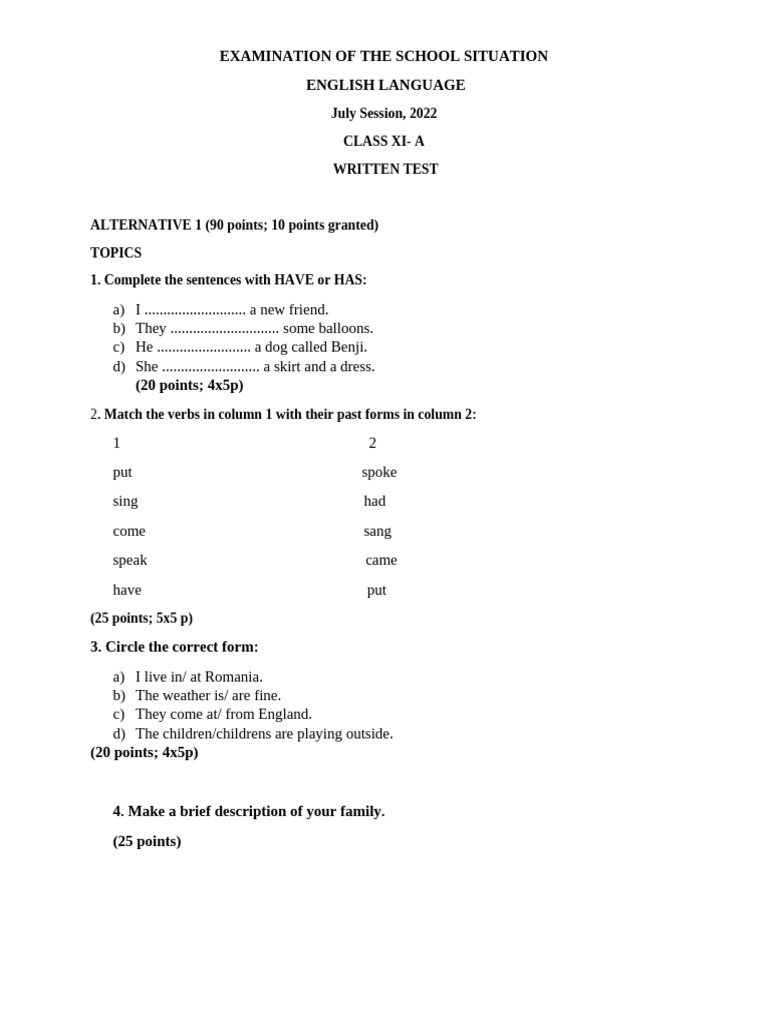 English Language Exam for Class XI-A | PDF | Language Mechanics ...