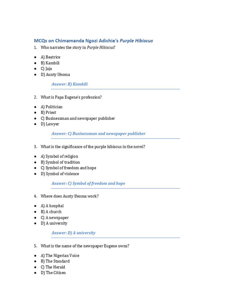 MCQs Purple Hibiscus | PDF