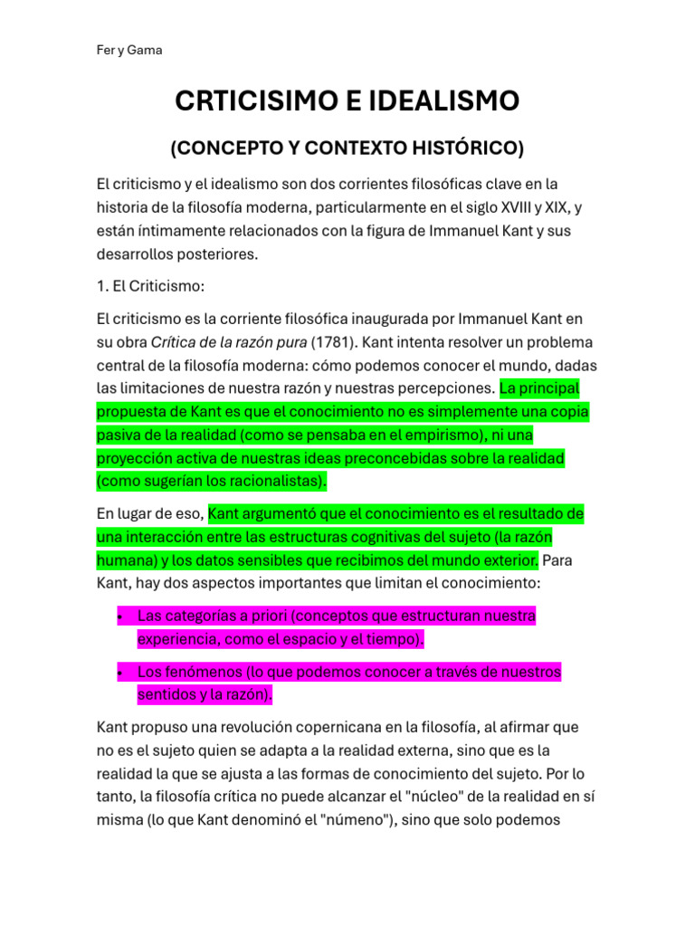Criticismo e Idealismo en Filosofía | PDF | Immanuel Kant | Georg ...