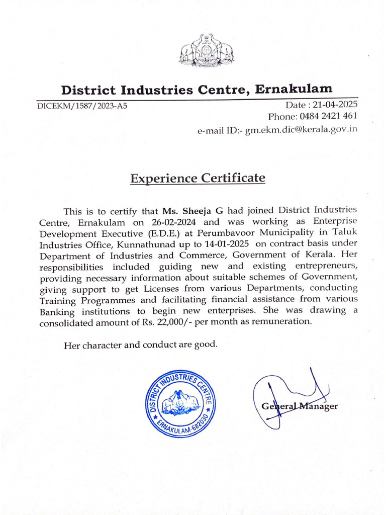 Kunnathunadu - EDE Experience Certificate Signed Reg. | PDF