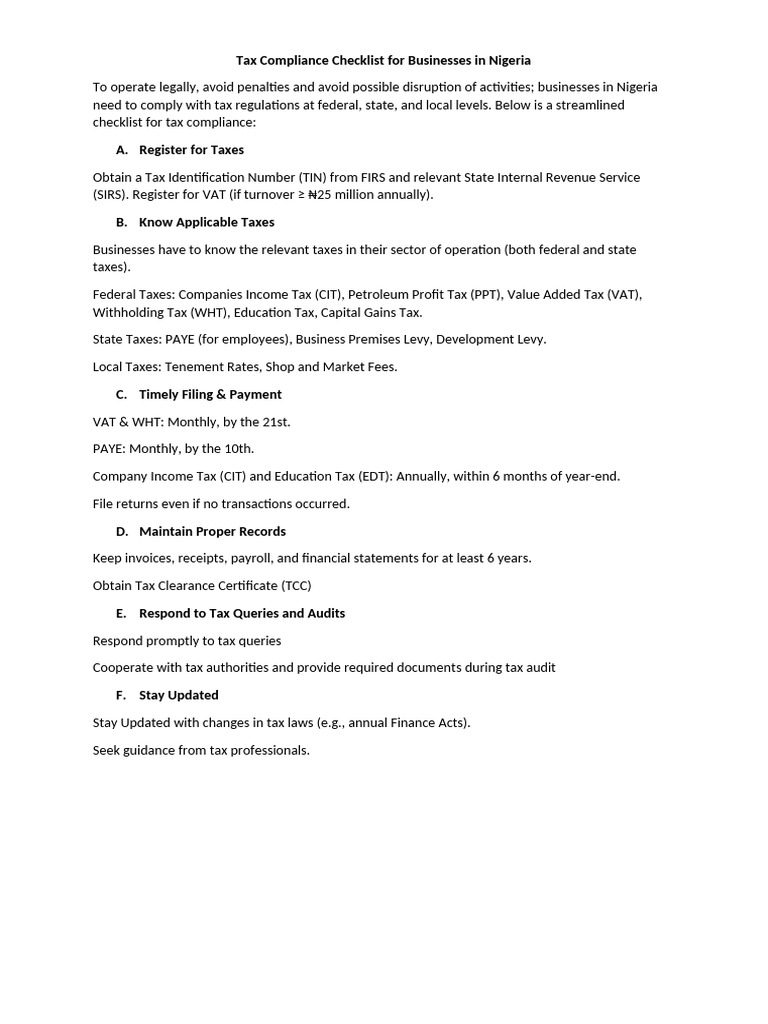 Tax Compliance Checklist for Nigerian Businesses | PDF