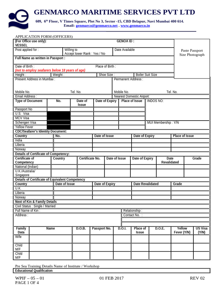 Genmarco Maritime Services PVT LTD: Application Form (Officers) | PDF | Passport | Travel Visa