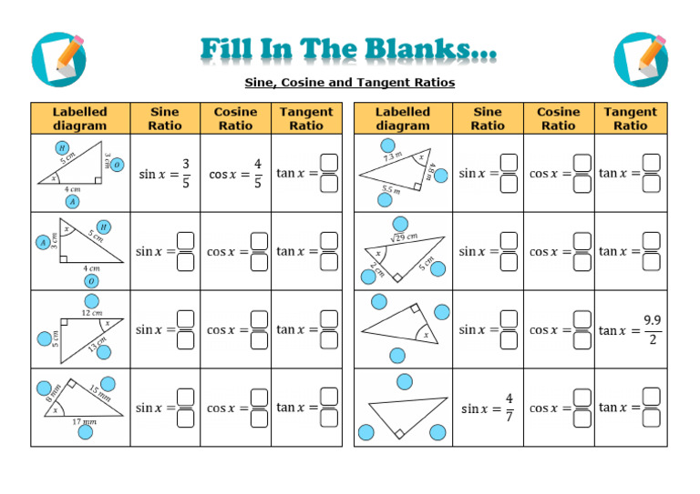 Sine Cosine and Tangent Ratios Fill in The Blanks | PDF