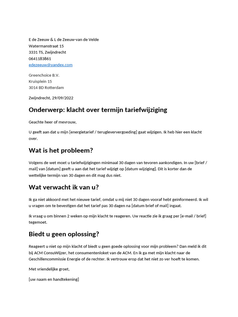 Voorbeeldbrief Termijn Tariefwijziging | PDF