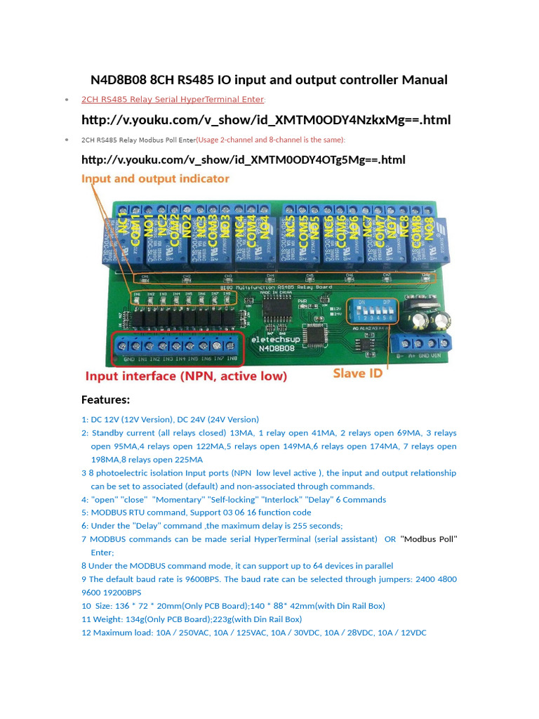 N4D8B08 RS485 IO Controller Manual | PDF | Direct Current | Relay