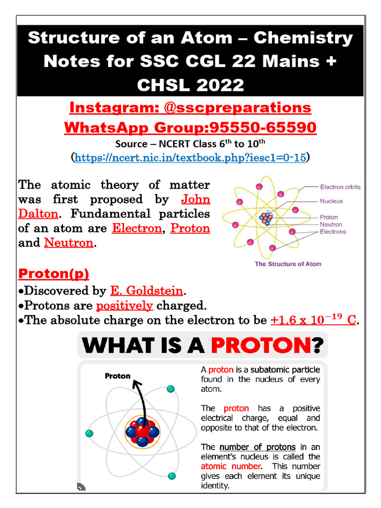 Structure of an Atom – Chemistry Notes for SSC Exams | PDF | Atoms ...