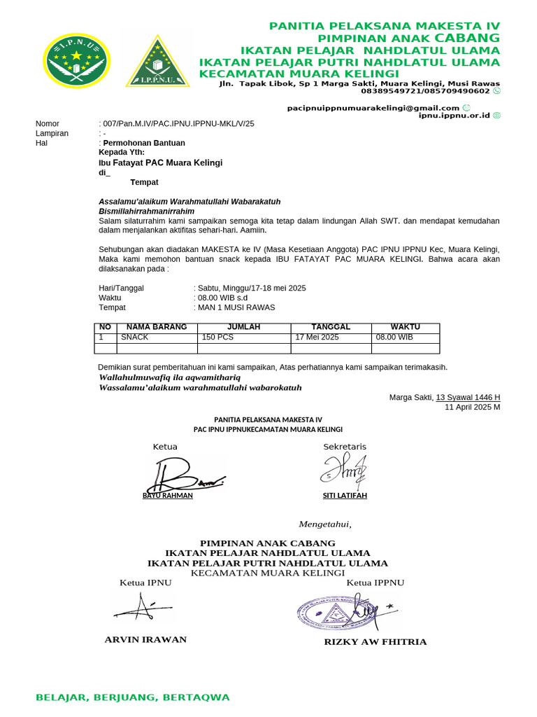 Permohonan Bantuan Snack MAKESTA IV | PDF