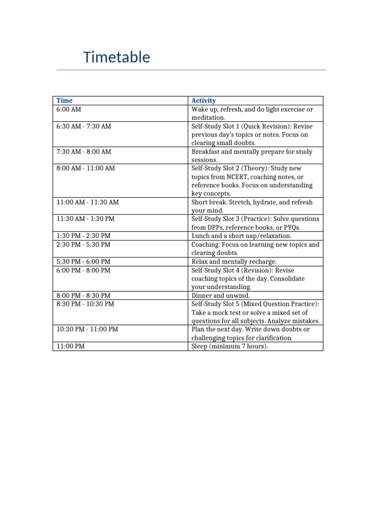 IIT JEE Timetable Template Blue | PDF