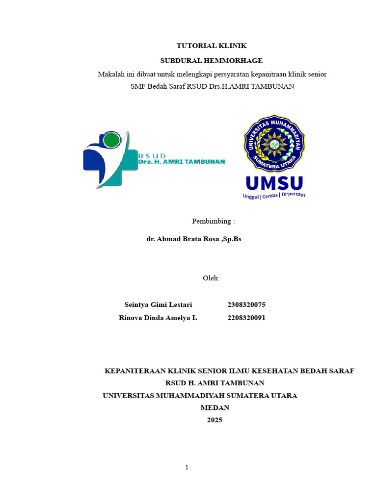 Tutorial Klinik Bedah Saraf Subdural Hemorraghe Fix Revisi | PDF