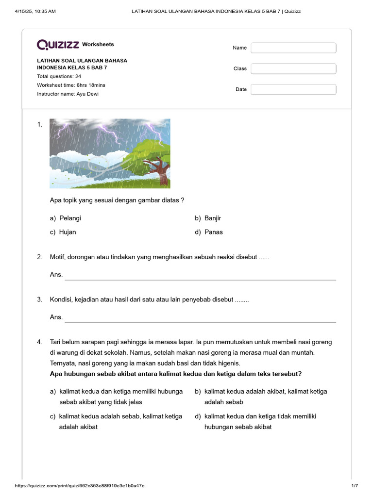 Latihan Soal Ulangan Bahasa Indonesia Kelas 5 Bab 7 - Quizizz | PDF