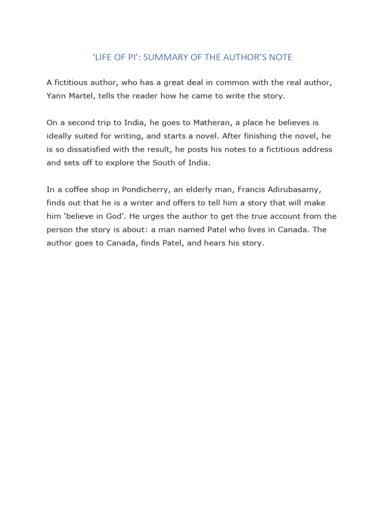 'Life of Pi' - Summary of Author's Note | PDF