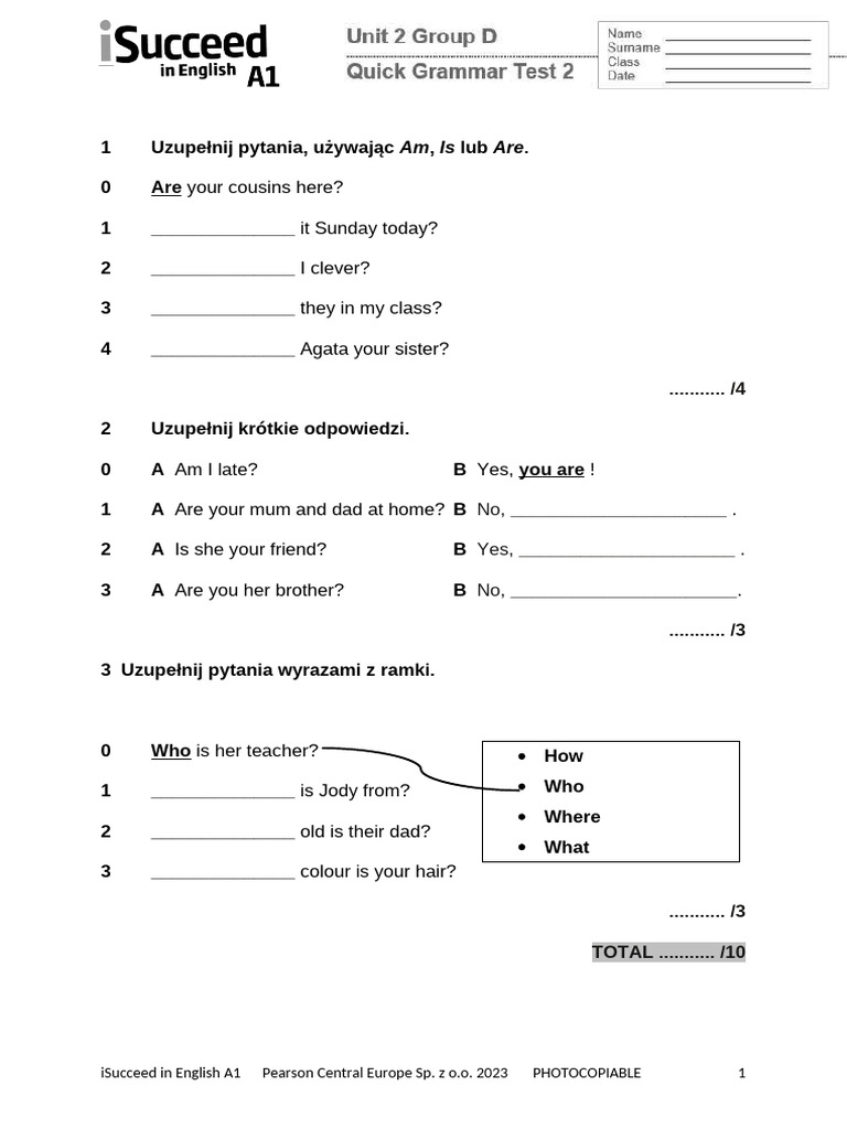 Isucceed - A1 - Unit 2 - Quick Grammar Test 2 - Group - D | PDF