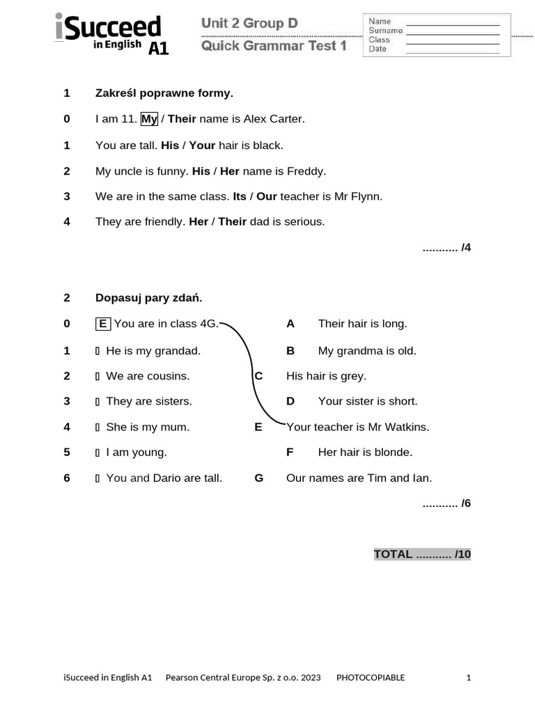 Isucceed - A1 - Unit 2 - Quick Grammar Test 1 - Group - D | PDF