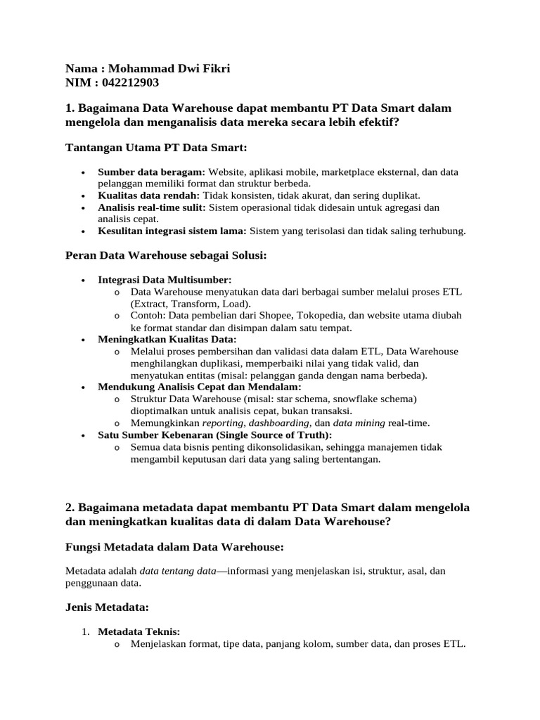 Tugas 1 Data Warehouse | PDF