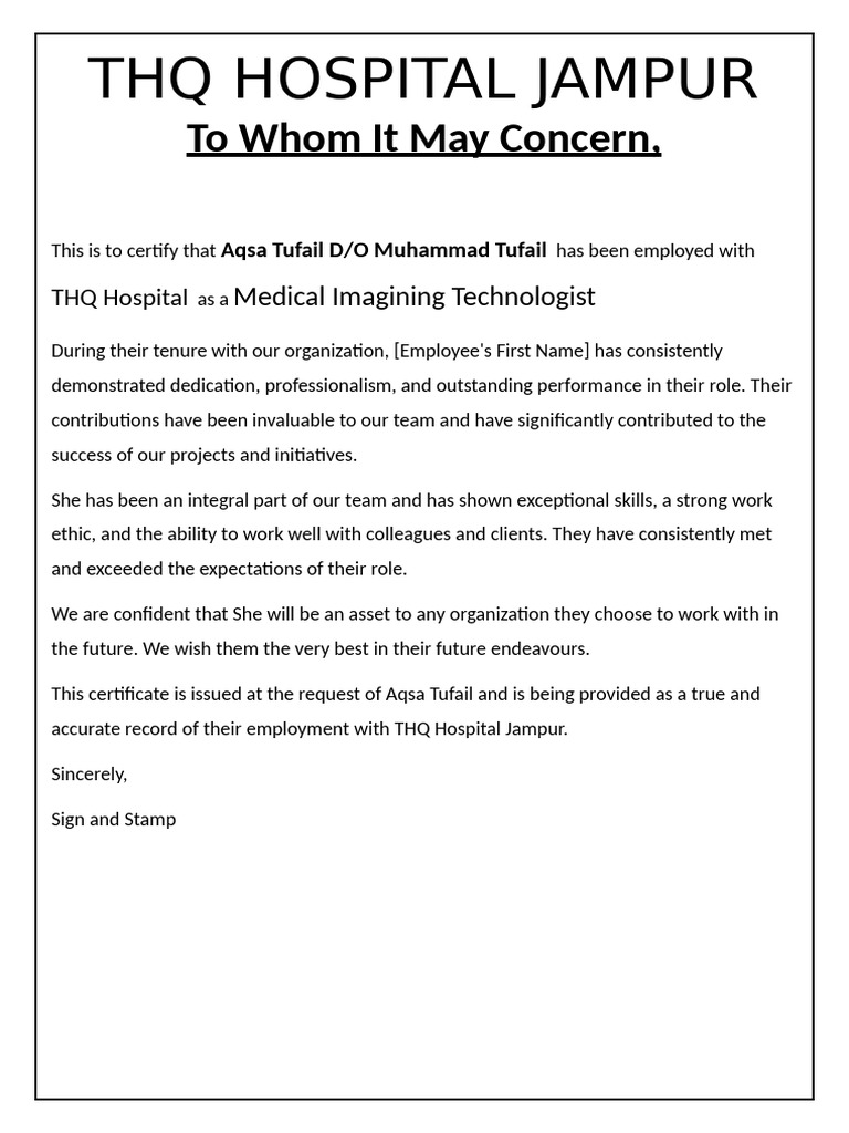 THQ Hospital Experience Letter | PDF