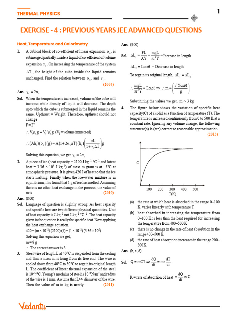 Exercise - 4: Previous Years Jee Advanced Questions: Thermal Physics | PDF | Heat Capacity | Heat