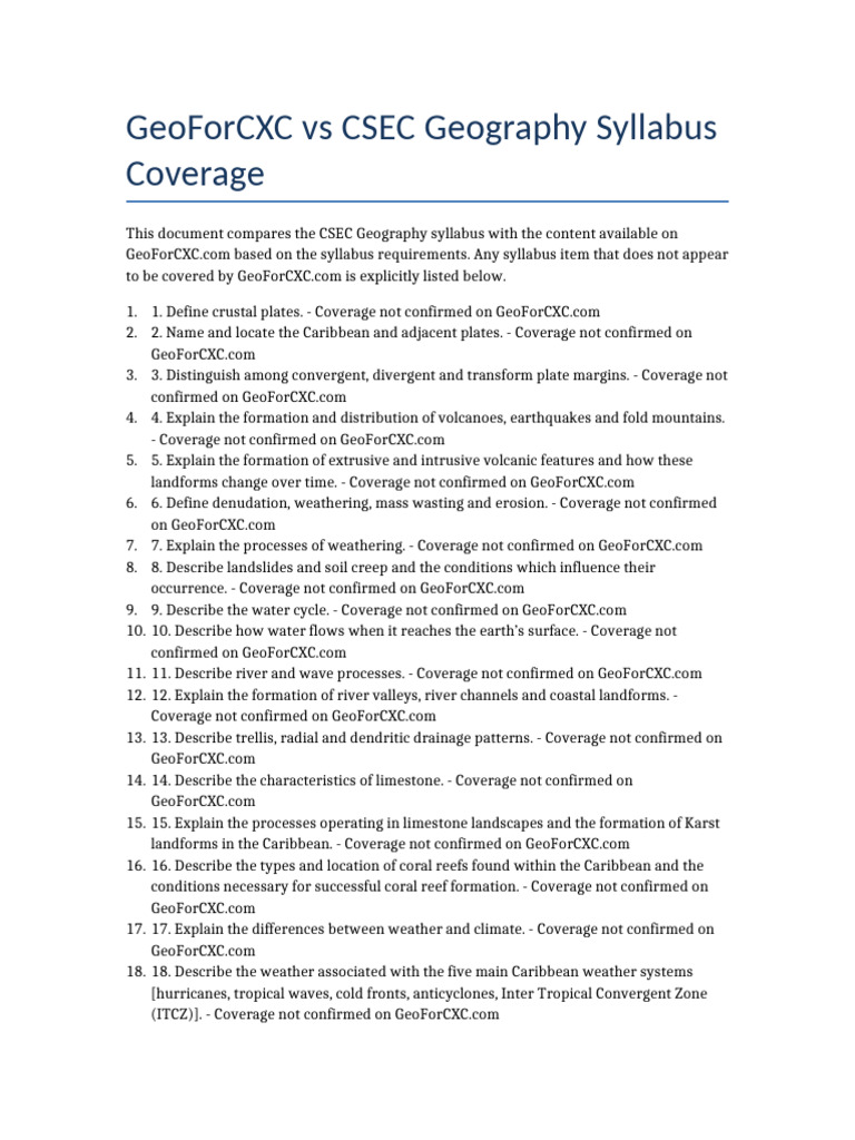 CSEC Geography Syllabus Coverage Checklist | PDF | Tropics | Agriculture