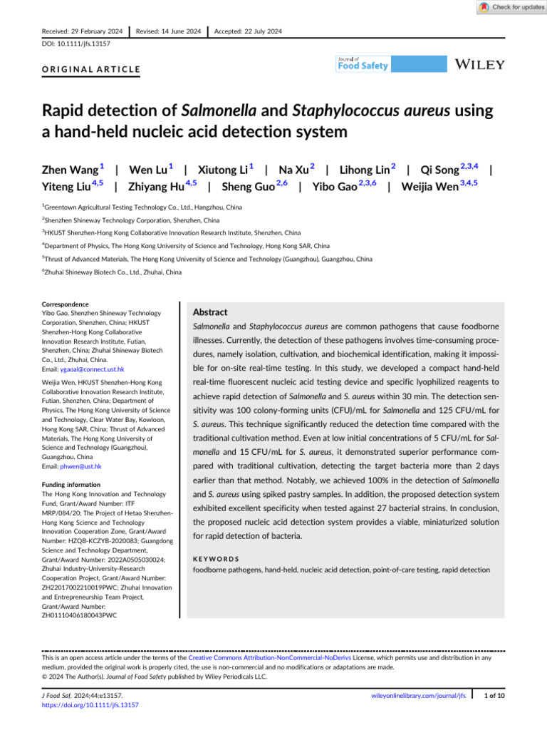 Journal of Food Safety - 2024 - Wang - Rapid Detection of Salmonella and Staphylococcus Aureus ...