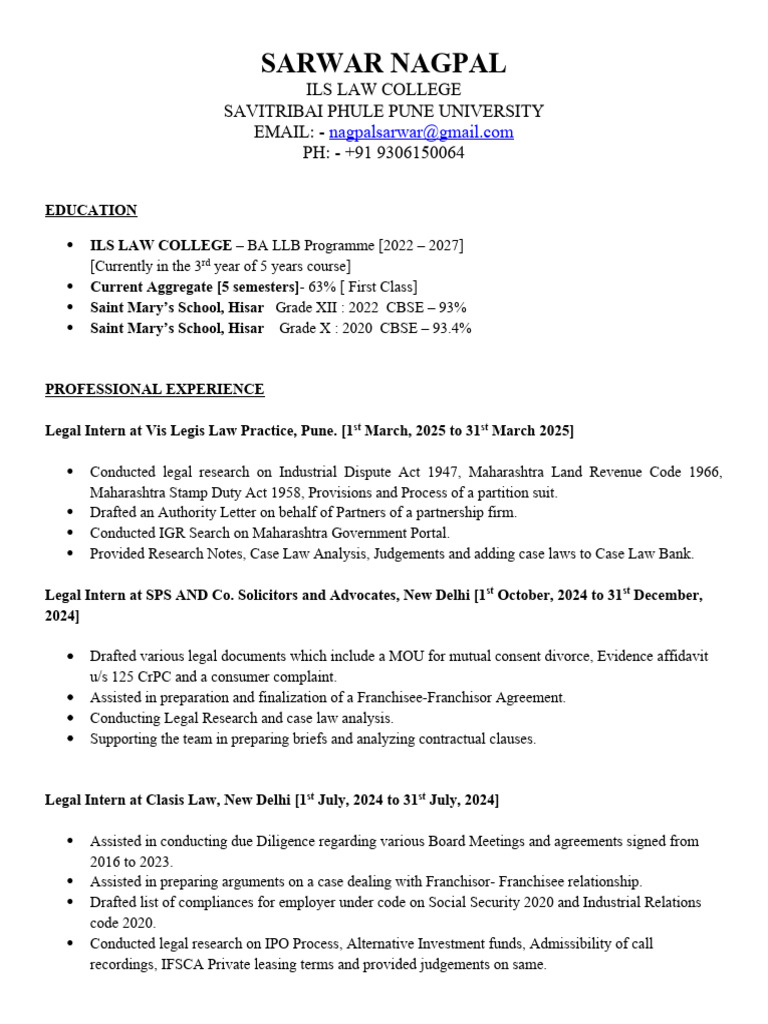 SARWAR NAGPAL CV - Updated | PDF | Franchising | Justice