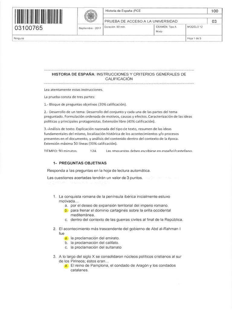Examen de Historia de España PCE 2017 | PDF | España | Francia
