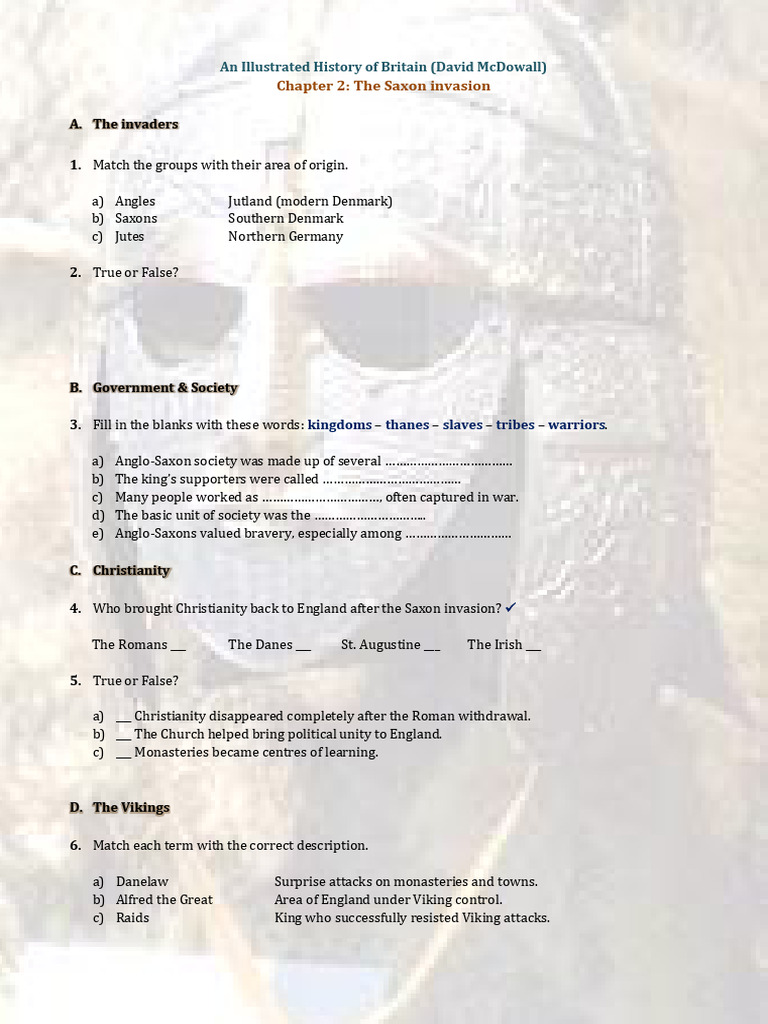 Chapter 2 Activities - The Saxon Invasion | PDF | Anglo Saxons | Early ...