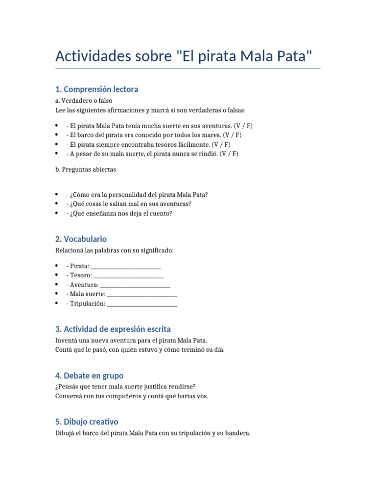 Actividades El Pirata Mala Pata | PDF