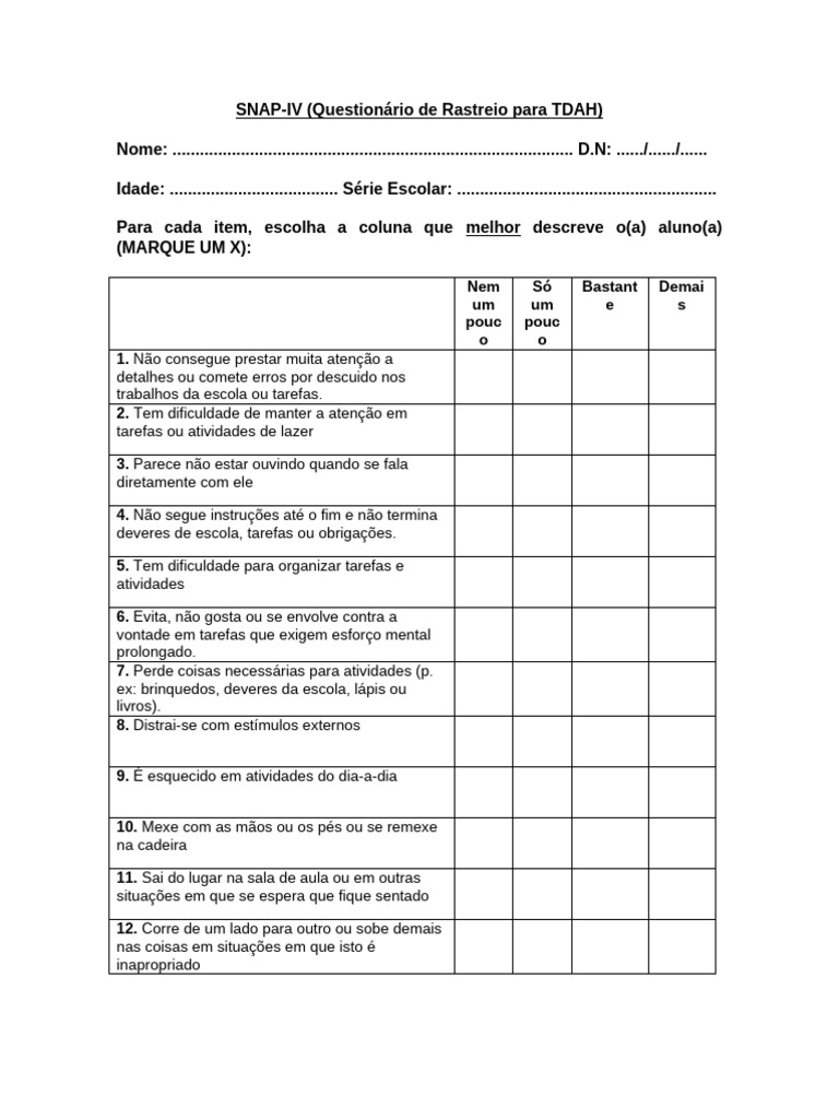 Questionário SNAP-IV para TDAH | PDF