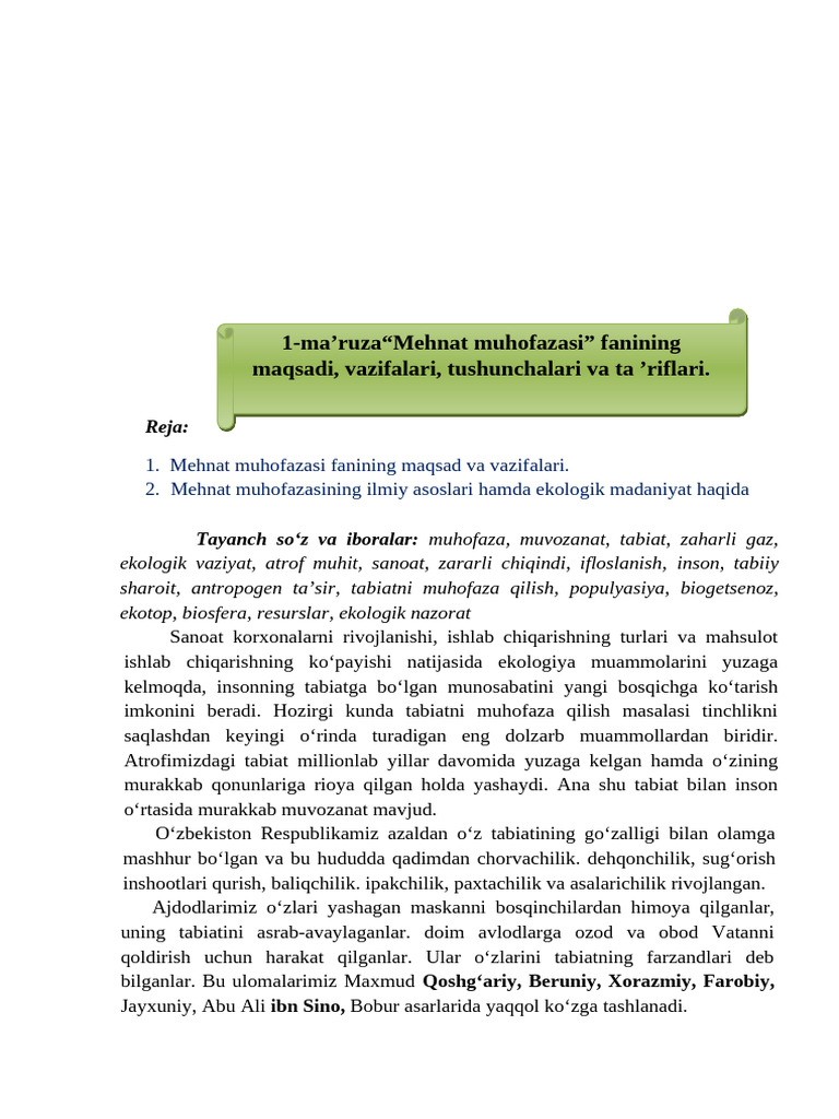1"mehnat Muhofazasi" Fanining Maqsadi, Vazifalari, Tushunchalari Va Ta ...