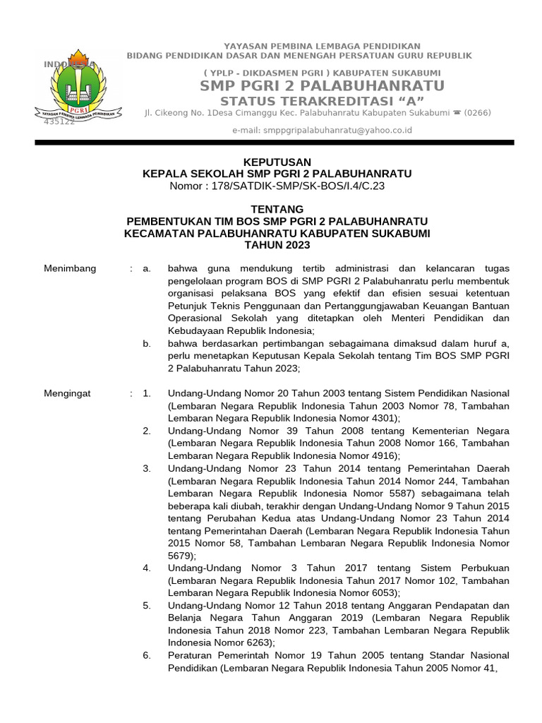 Contoh SK Tim BOS Reguler 2023 | PDF