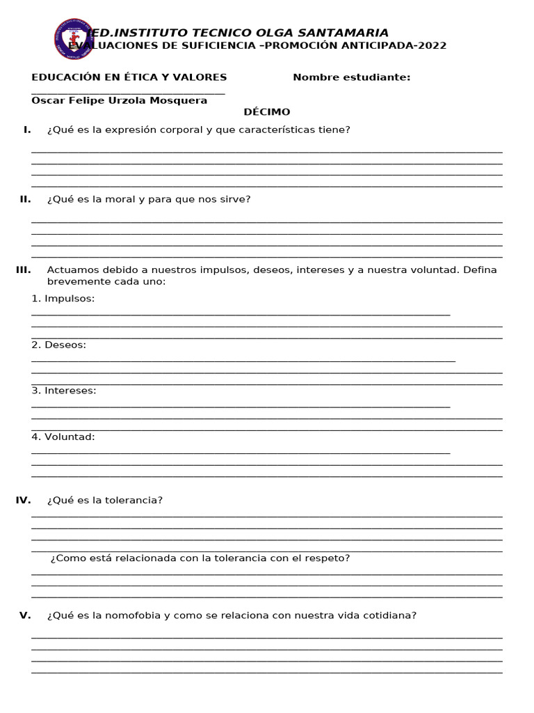 Evaluación Promoción Anticipada DÉCIMO ÉTICA | PDF