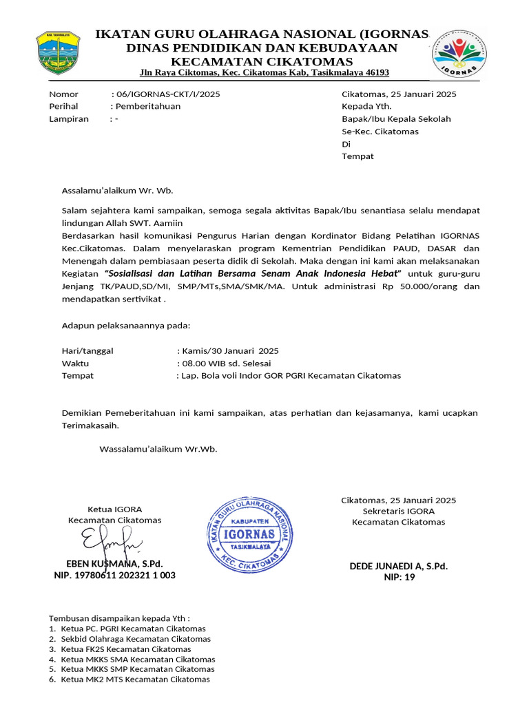 Surat Undangan SOS SENAM KEC CIKATOMAS | PDF