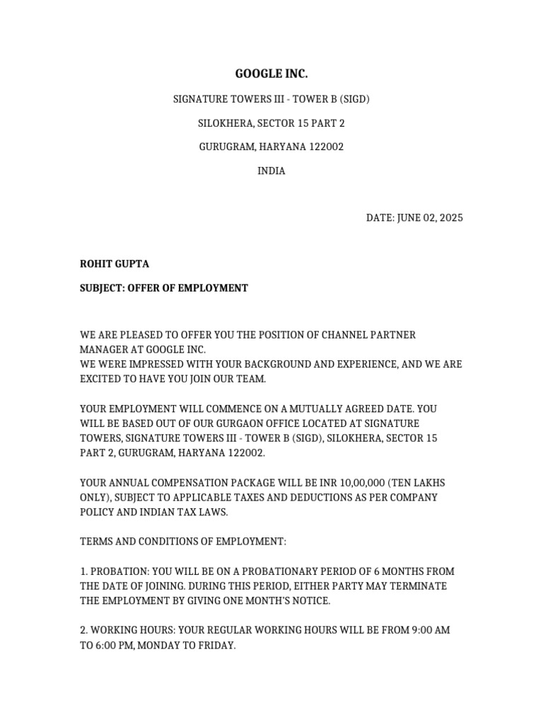 Rohit Gupta Google Offer Letter | PDF