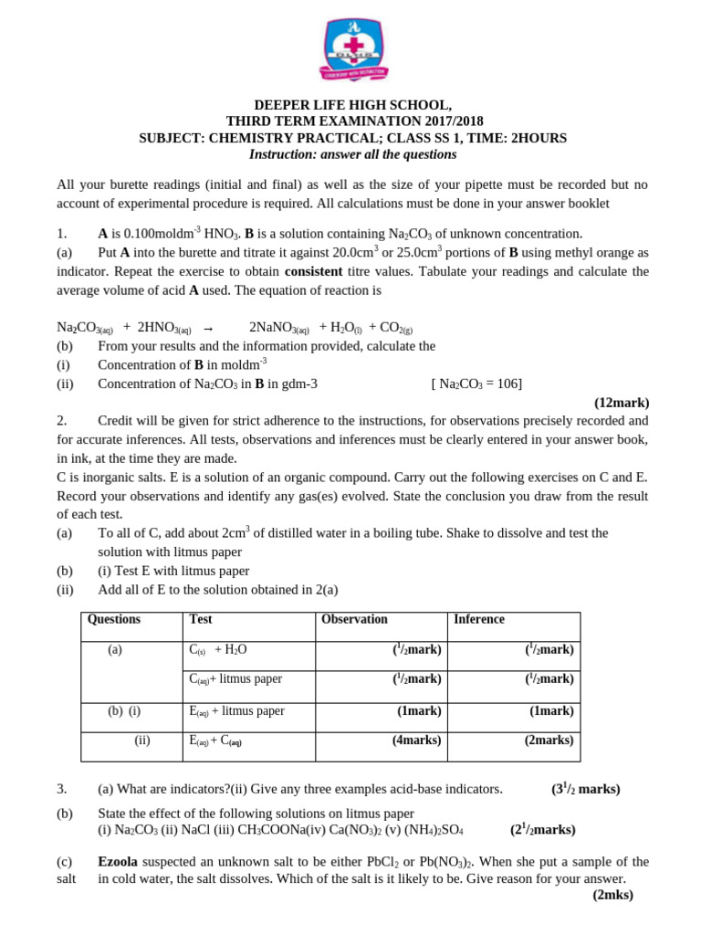 Ss 1 Chemistry Practical Questions | PDF | Titration | Chemistry