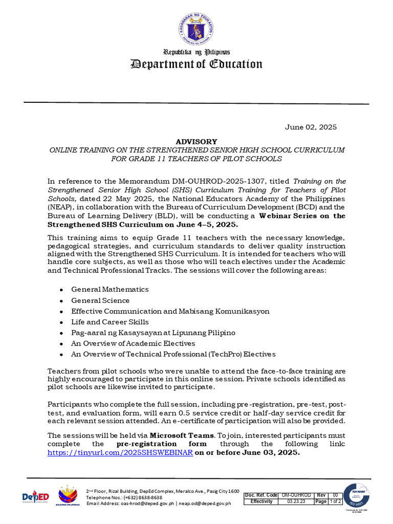 Advisory - Online Training On The Strengthened Senior High School ...