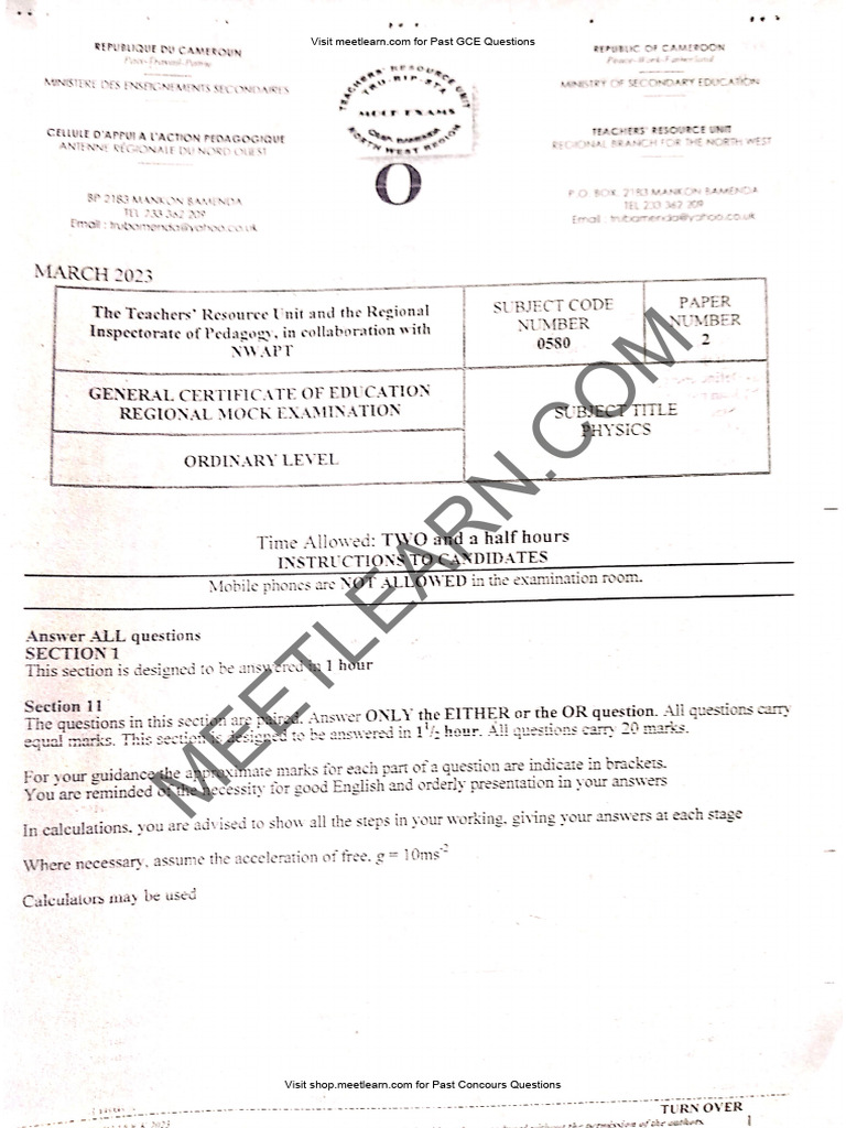 O Level Physics Paper 2 North West Mock 2023 Meetlearn | PDF