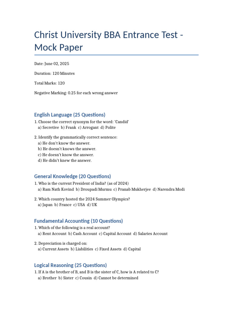 Christ University BBA Mock Test Paper | PDF
