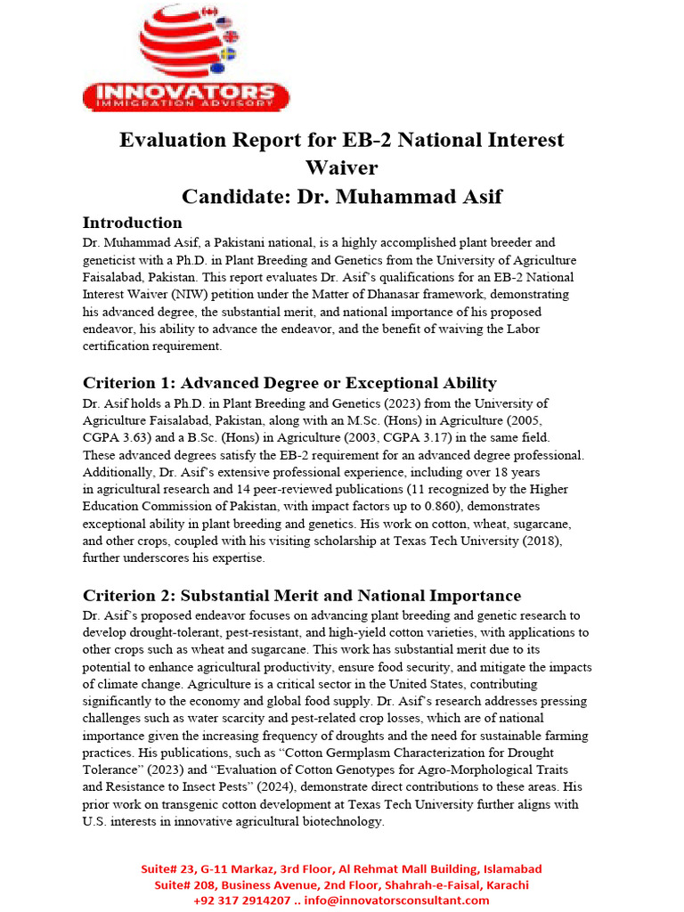 Evalution Report For Eb2 NIW Dr. Muhammad Asif | PDF | Plant Breeding | Agriculture