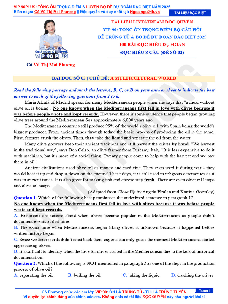 Vip 90 Doc Hieu 50 Bai Doc Hieu 8 Cau Trong Diem Mua Thi Nam 2025 Bai 3 4 | PDF | Olive | Etiquette