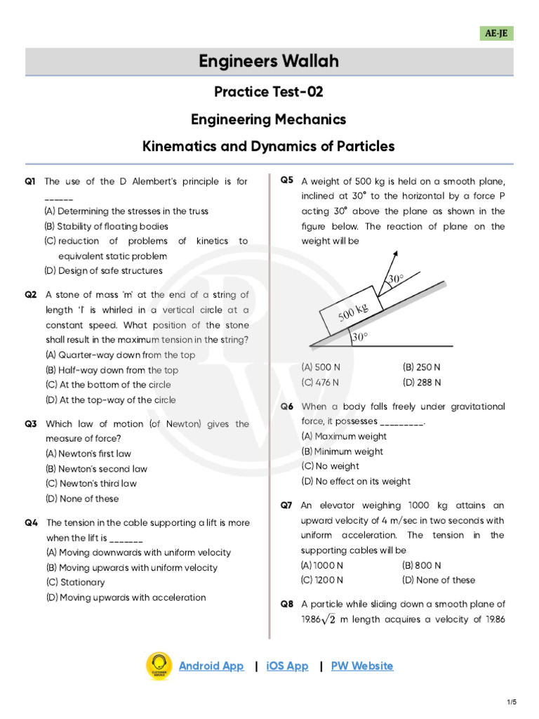 Engineering Mechanics Practice Questions | PDF | Force | Newton's Laws ...