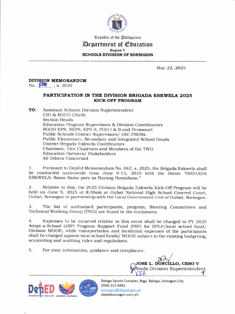 Division Memorandum n0. 138 S. 2025 Participation in The Division ...